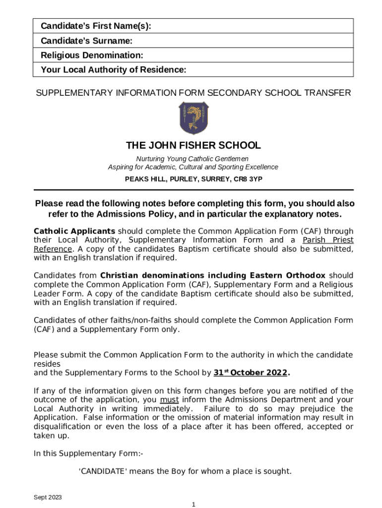 supplementary ination secondary school transfer Doc Template | pdfFiller
