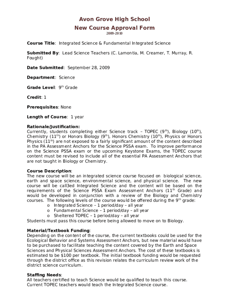 New Course Approval for Avon Grove High School Doc Template | pdfFiller