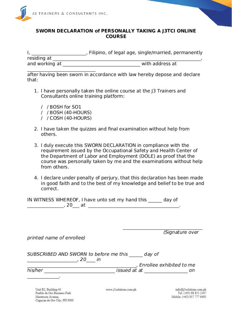 Sworn Declaration of Personally Taking A j3 Online Course Doc Template | pdfFiller