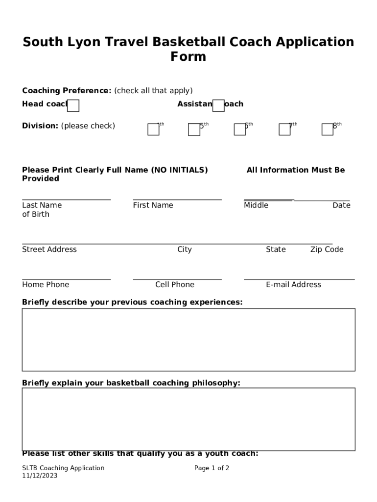 South Lyon Travel Basketball Coach Application Doc Template | pdfFiller