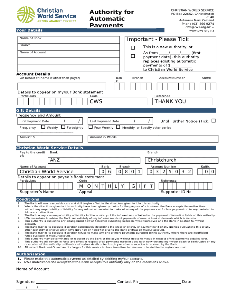 Authority for Automatic Payments - Other Accounts - cws org Doc ...