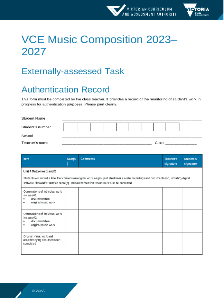 VCE Music Composition Authentication Record . VCE Music Compositions ...