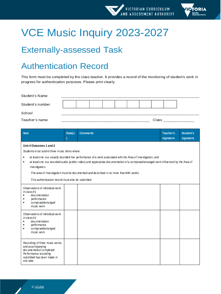 VCE Music Inquiry Authentication Record . VCE Inquiry Doc Template ...