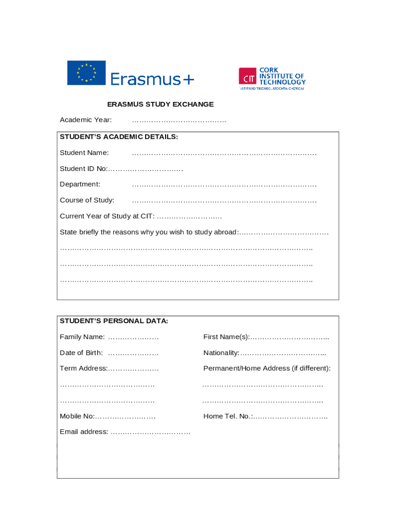 STUDENT APPLICATION FOR SOCRATES/ERASMUS STUDY EXCHANGE Doc Template ...