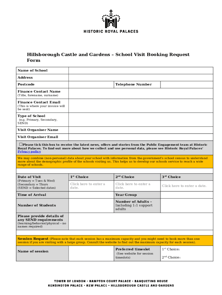 Hillsborough Castle and Gardens - School Visit Booking Doc Template | pdfFiller