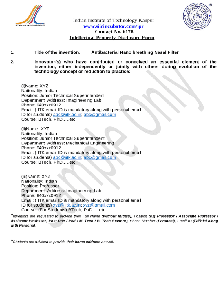 Contact No. 6178 Intellectual Property Disclosure Doc Template | pdfFiller