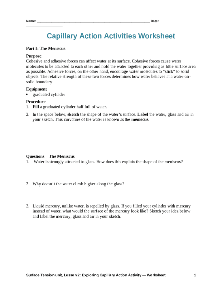 Capillary Action Activities Worksheet Doc Template | pdfFiller