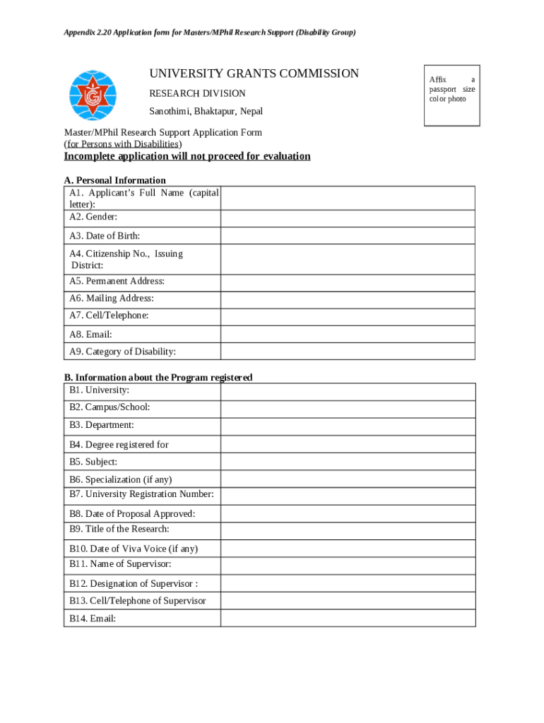 Application for Masters MPhil Research Support ( ... - ugcnepal edu Doc Template | pdfFiller