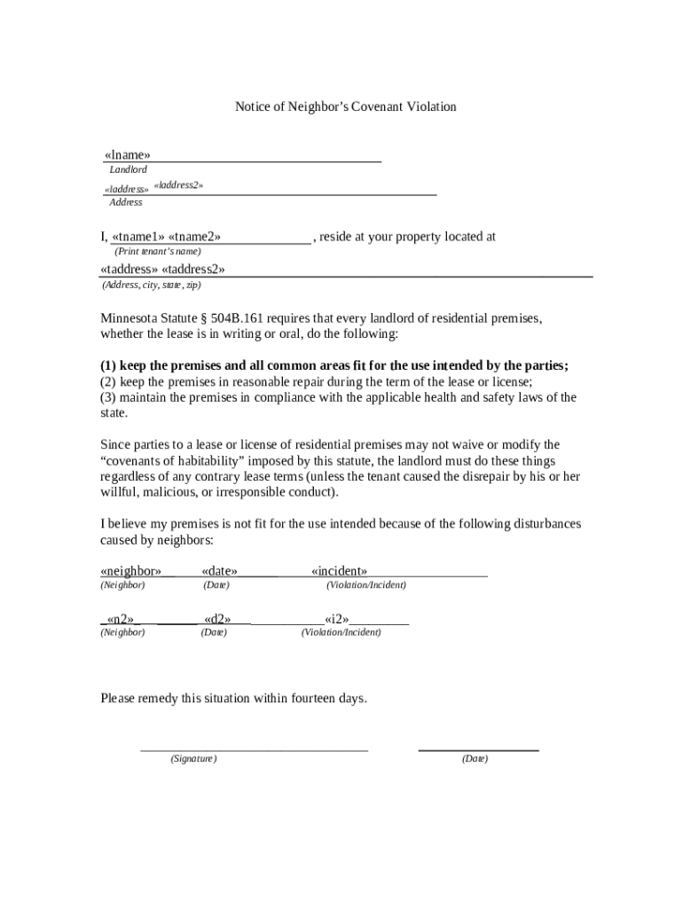 Notice of Neighbor's Covenant Violation Doc Template | pdfFiller