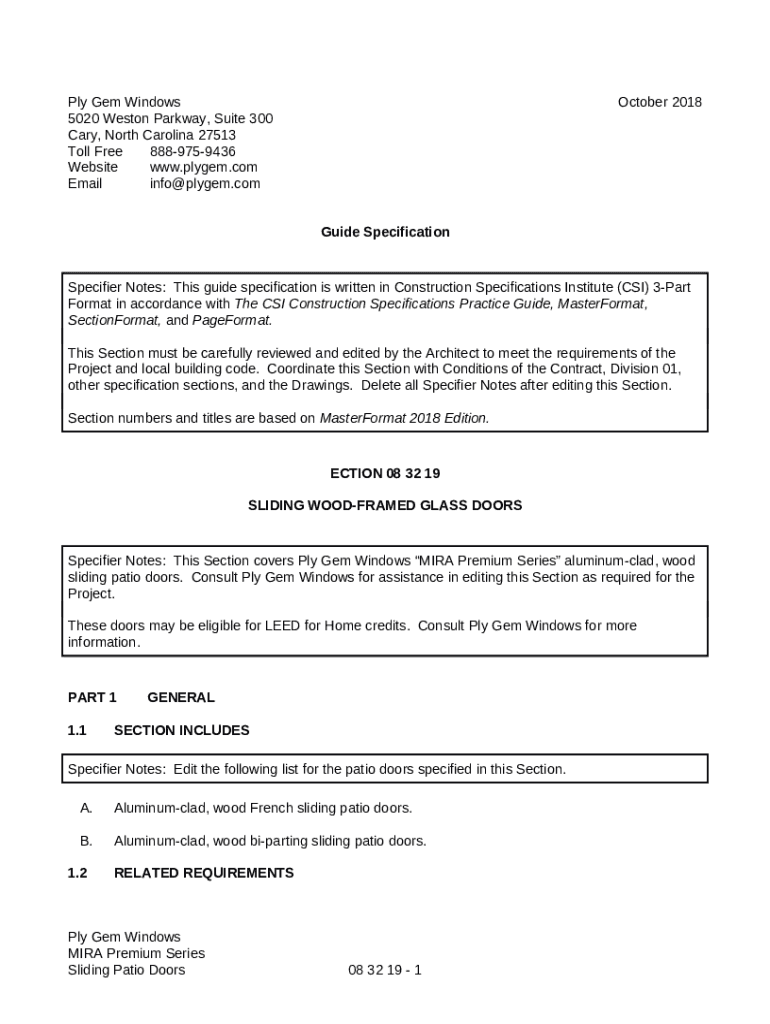MIRA Premium Series Sliding Patio Doors. Guide Specification Doc Template | pdfFiller