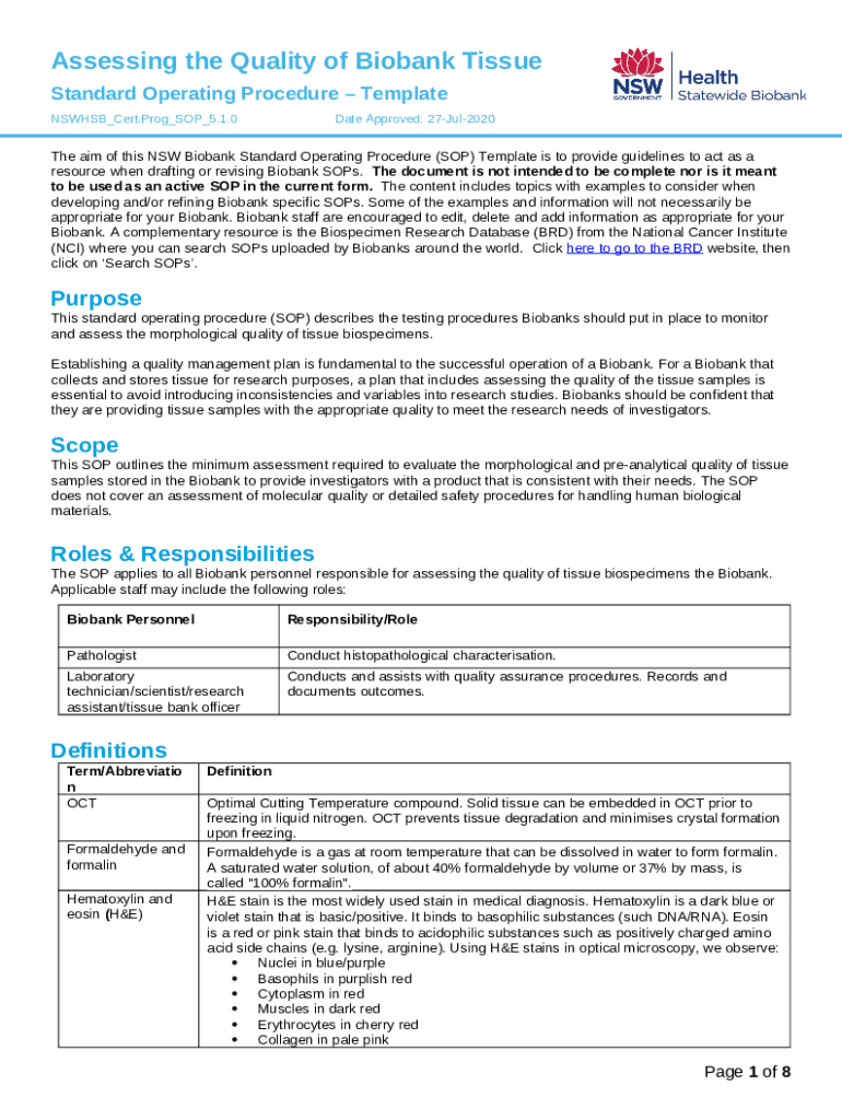 SOP 5.1 Template Biobank Assessing Quality of Tissue Doc Template ...