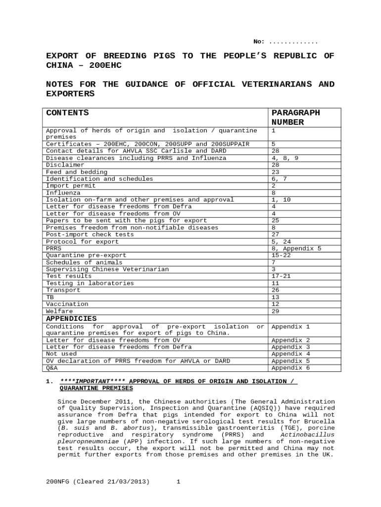Export Health Certificate/Pig Meat to China Doc Template | pdfFiller