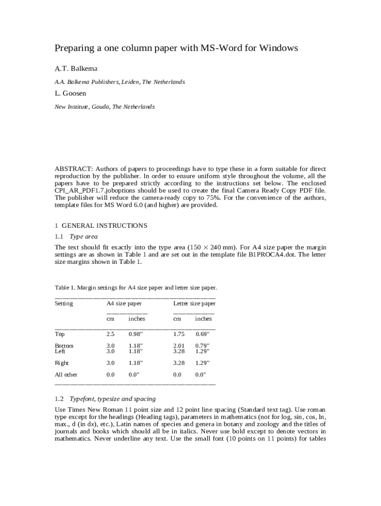 For A4 size paper the margin settings are as shown in Table 1 and are ...