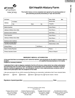Fillable Online Girl Health Health History Form. Girl Health History ...