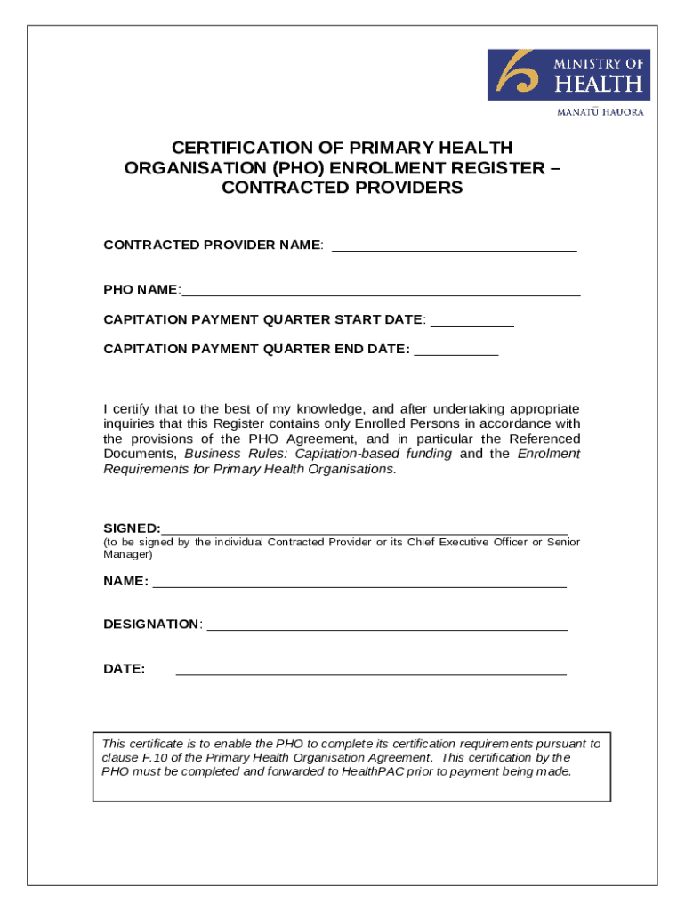Certification of PHO Enrolment register (DOC, 99KB) Doc Template ...