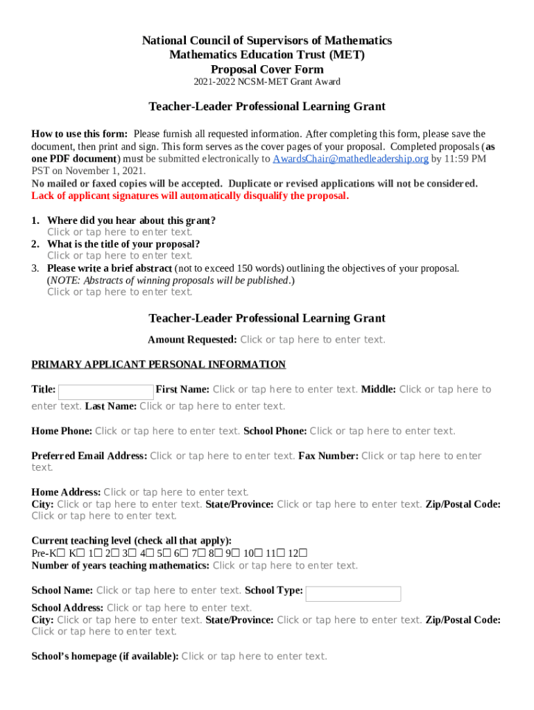 Teacher-Leader Professional Learning Grant (Pre-K-12) Doc Template ...