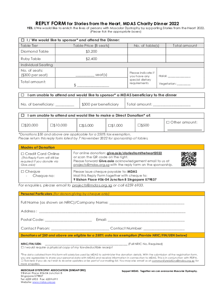 Fillable Online REPLY FORM for Stories from the Heart, MDAS Charity ...