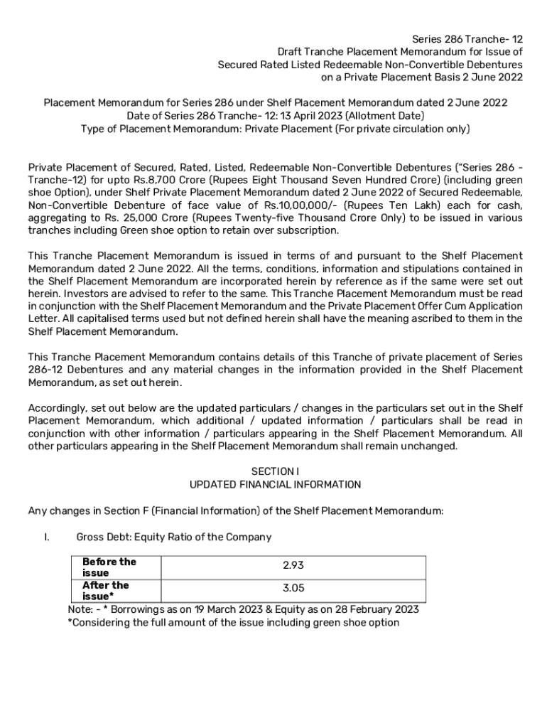 Fillable Online 12 Draft Tranche Placement Memorandum for Issue of ...