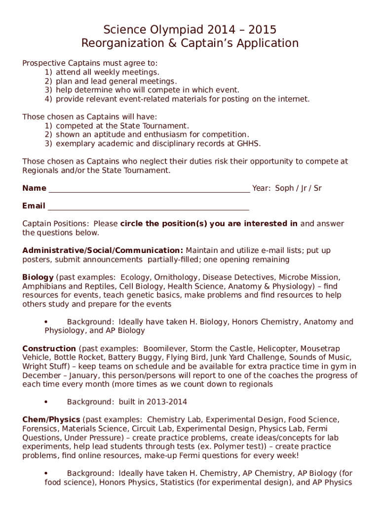 Science Olympiad Captain Application Doc Template | pdfFiller