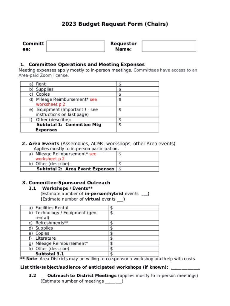 2023 Area committee budget request Doc Template | pdfFiller