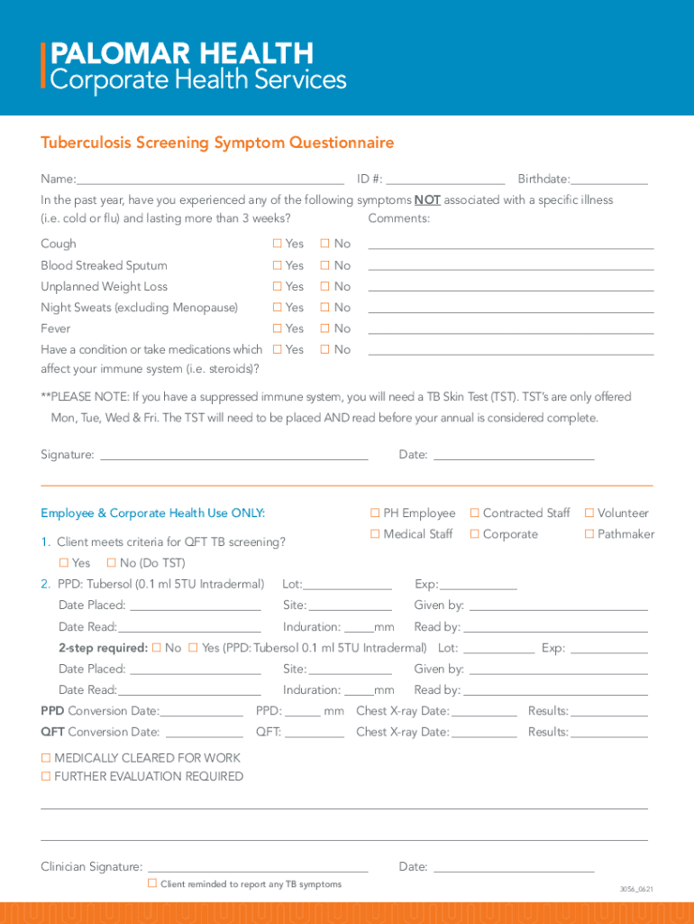Fillable Online Tuberculosis (TB) Disease Symptom Screening Form Yes No ...