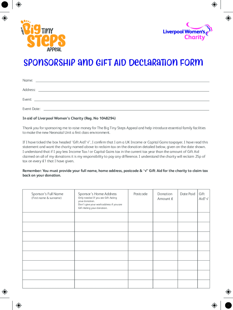 Fillable Online Sponsorship Gift Aid Declaration Form - Little Hearts ...