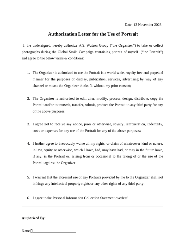 Authorization Letter for the Use of Portrait Doc Template | pdfFiller