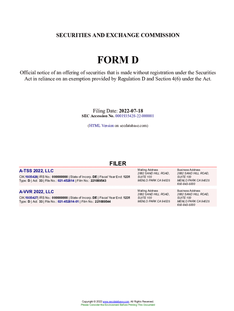 Fillable Online A-TSS 2022, LLC Form D Filed 2022-07-18. Accession ...