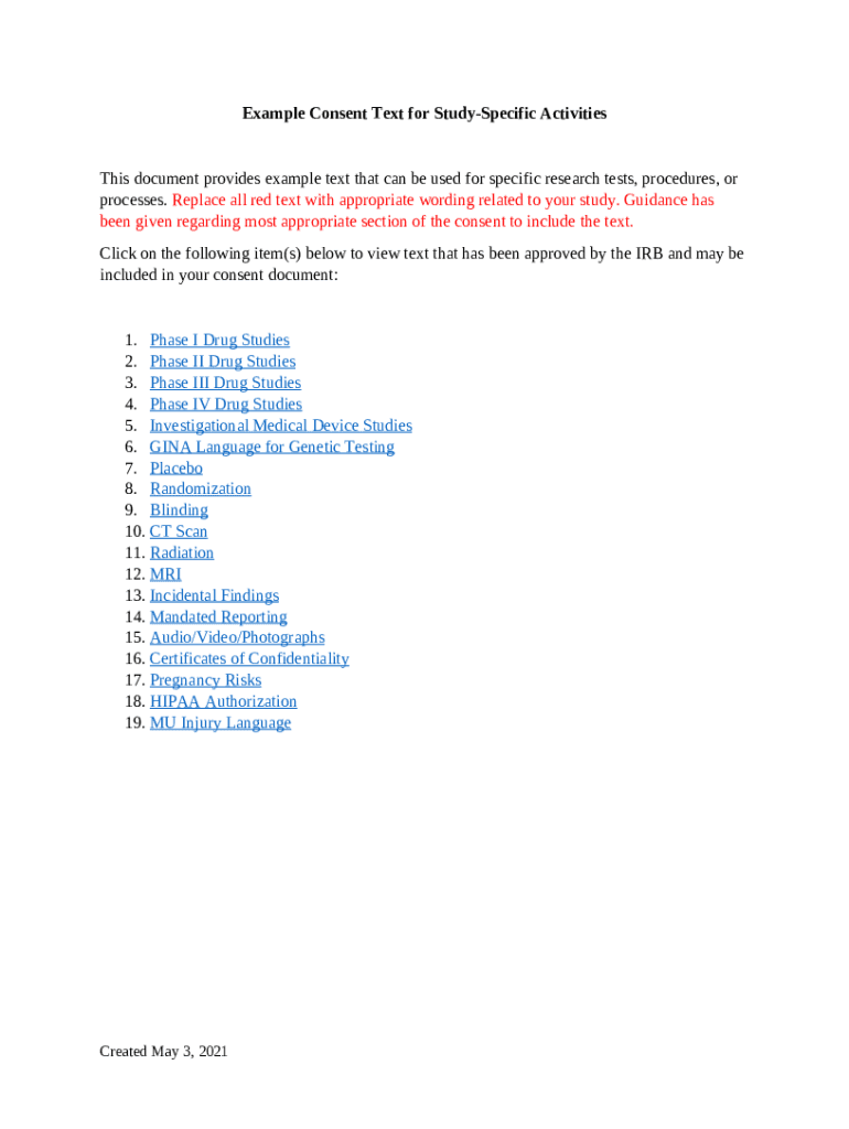 Example Consent Text for Study-Specific Activities Doc Template | pdfFiller