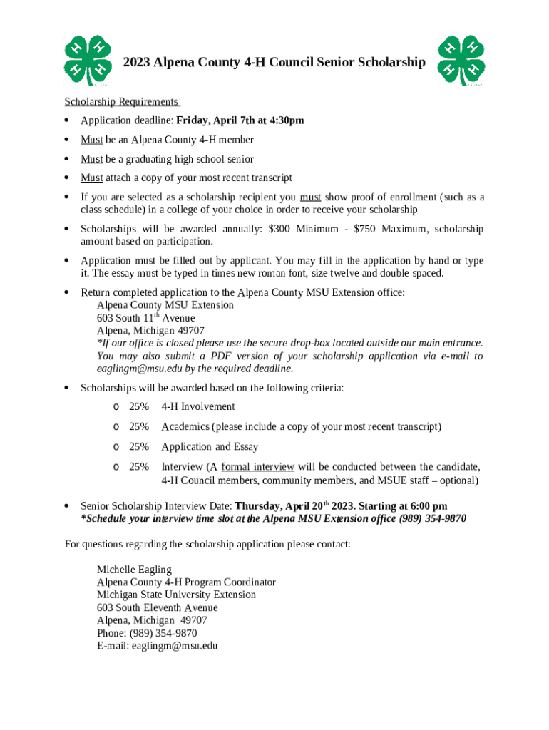 Alpena County 4-H Council Scholarship Application Doc Template | pdfFiller