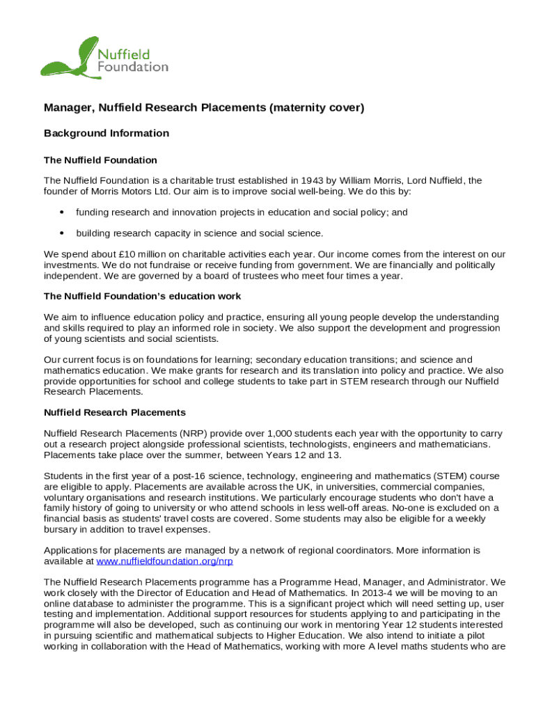 Manager, Nuffield Research Placements (maternity cover) Doc Template ...