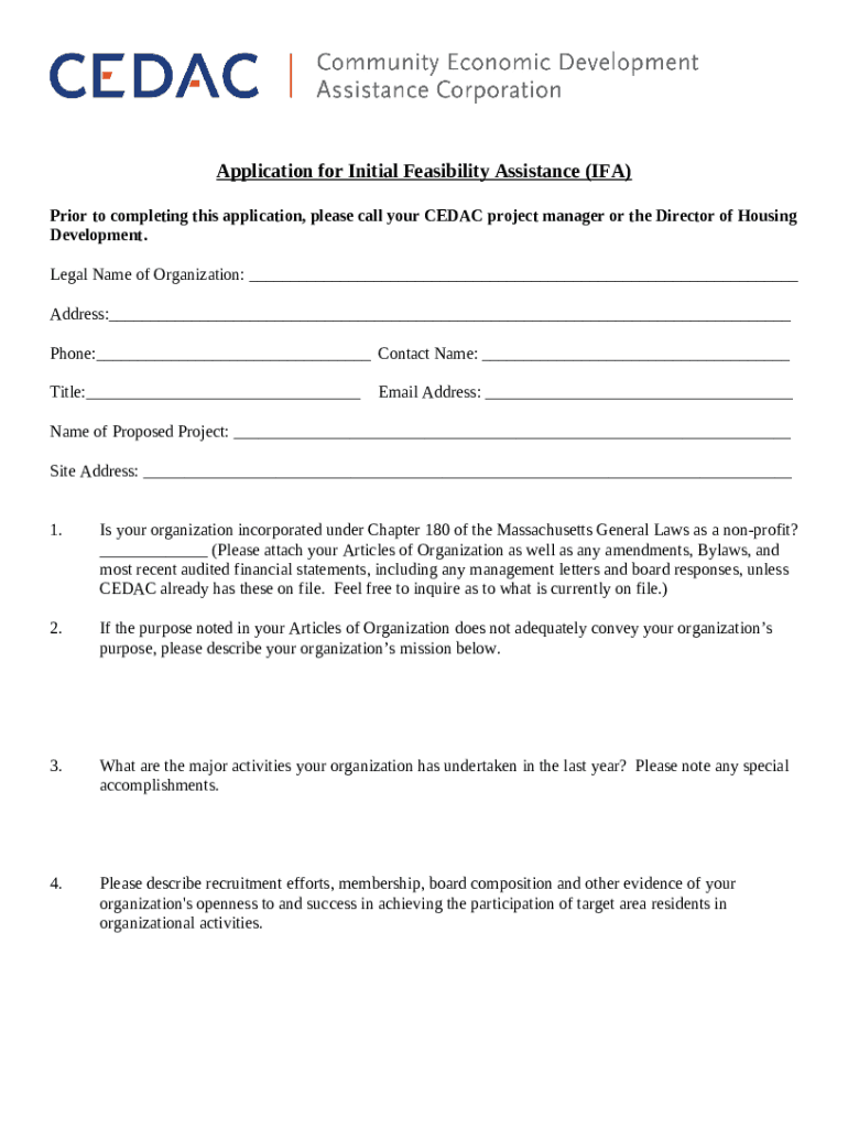 Application for Initial Feasibility Assistance (IFA) Doc Template ...