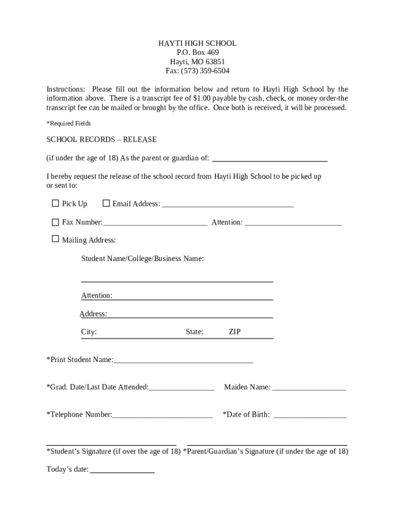 Hayti High School Transcript RequestHayti, MO Doc Template | pdfFiller