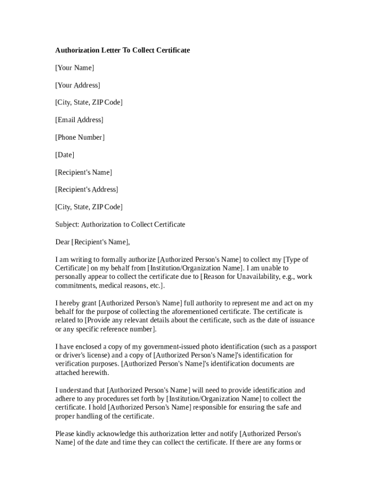 Authorization letter template to collect certificate Doc Template ...