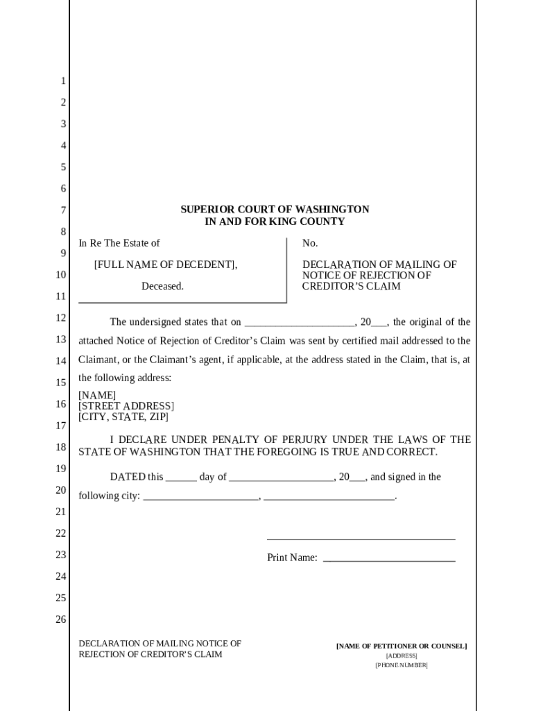 Rejecting a Creditor's Claim Doc Template | pdfFiller