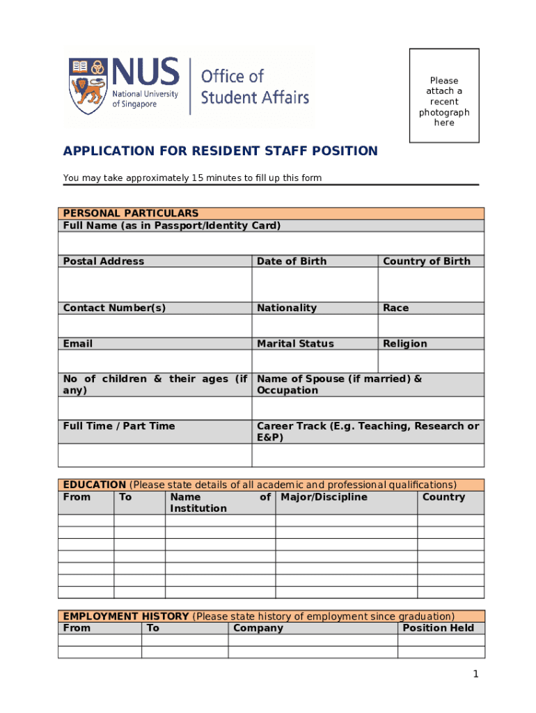 Application for Resident Staff Position - nus edu Doc Template | pdfFiller