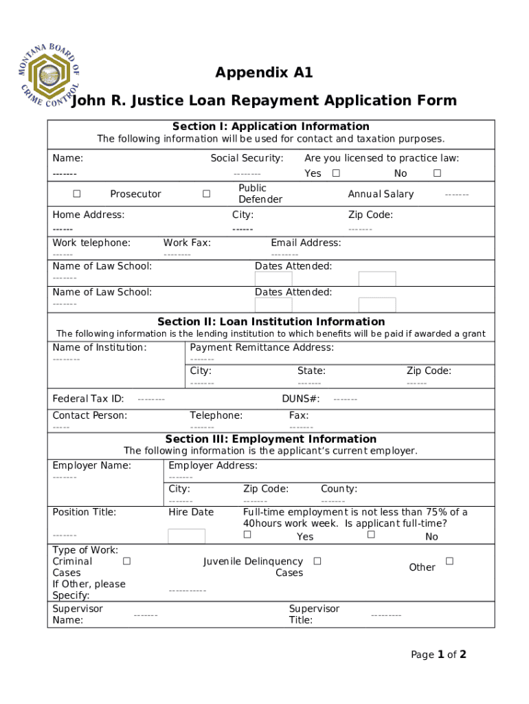 Appendix A1 John R. Justice Loan Repayment Application ... - mbcc mt Doc Template | pdfFiller
