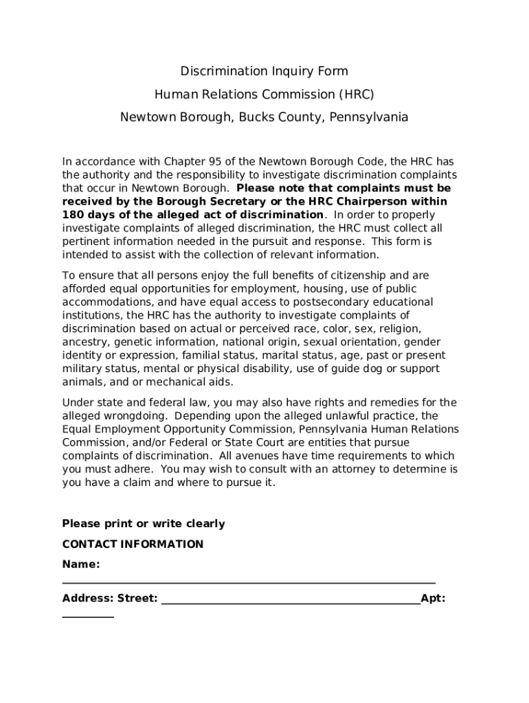 Human Relations Commission Discrimination Inquiry Doc Template | pdfFiller
