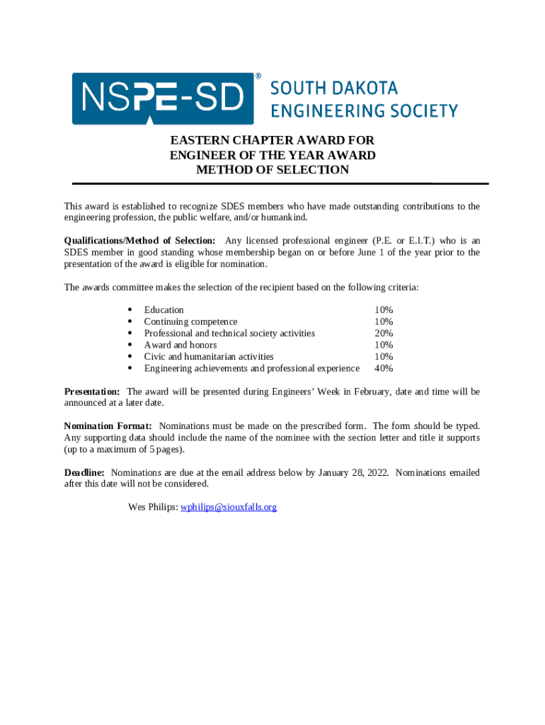 eastern chapter sdes engineer of the year award entry Doc Template | pdfFiller