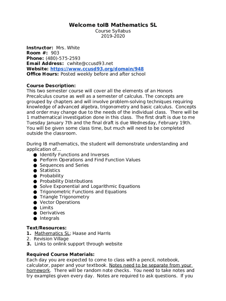 IB Mathematics SL/HLY1Mrs. Tanya Borg Doc Template | pdfFiller
