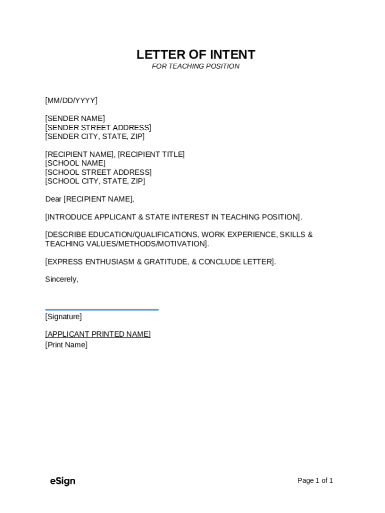Letter of Intent for Teaching Position Template Doc Template | pdfFiller
