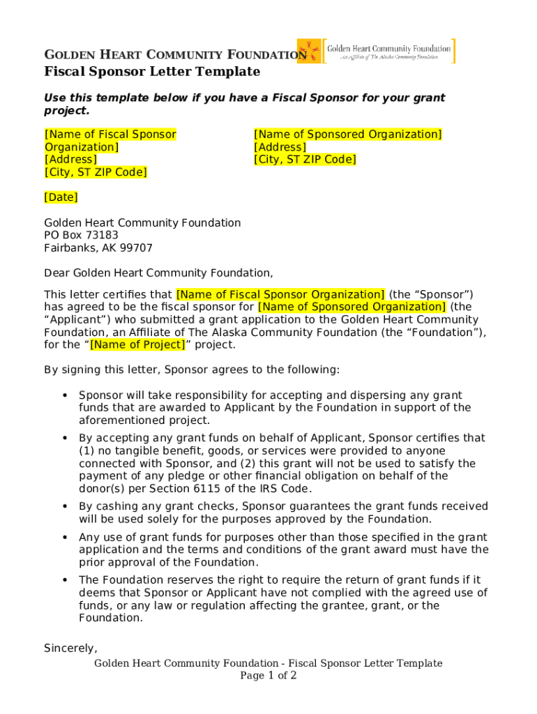 Fiscal Sponsor Authorization for grant applicants ... Doc Template | pdfFiller