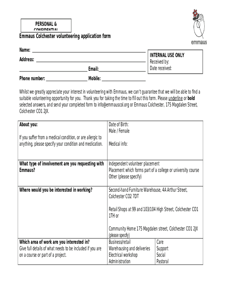 Emmaus Gloucestershire volunteering application - emmaus org Doc Template | pdfFiller