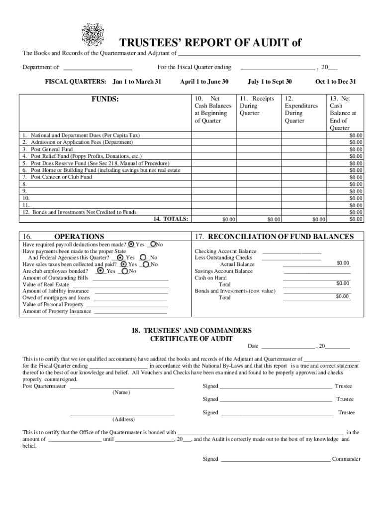 Fillable Online Quartermaster's and Trustee's Audit Report Forms Fax ...