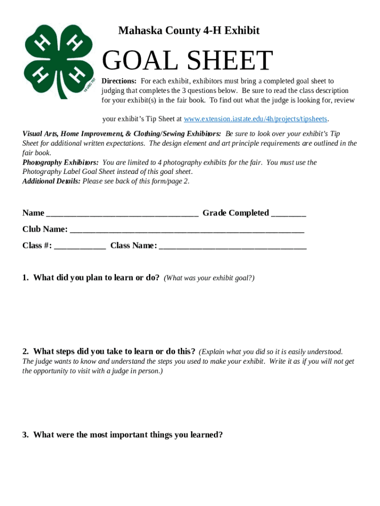Online extension iastate 4-H Exhibit Goal Sheet Doc Template | pdfFiller