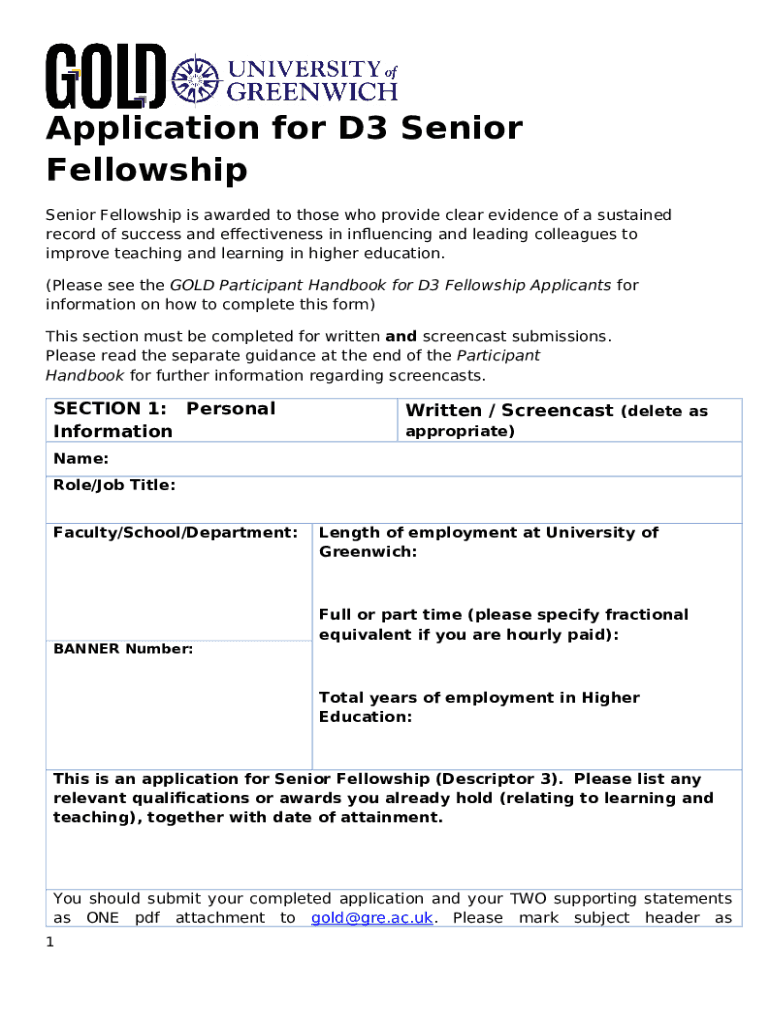 Application for D3 Senior Fellowship - University of Greenwich Doc ...