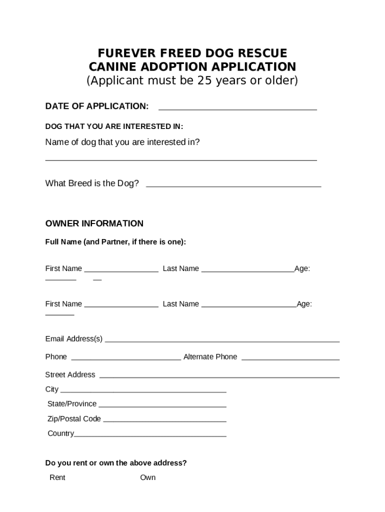 furever freed dog rescue canine adoption application Doc Template ...