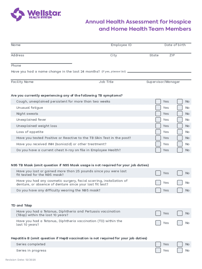 Fillable Online Annual Health Assessment for Hospice and Home Health ...