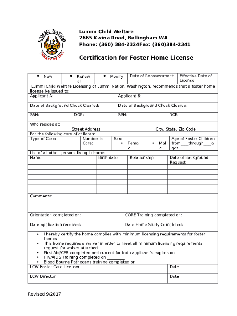 Certificate for Foster Home License (Lummi Nation) Doc Template | pdfFiller