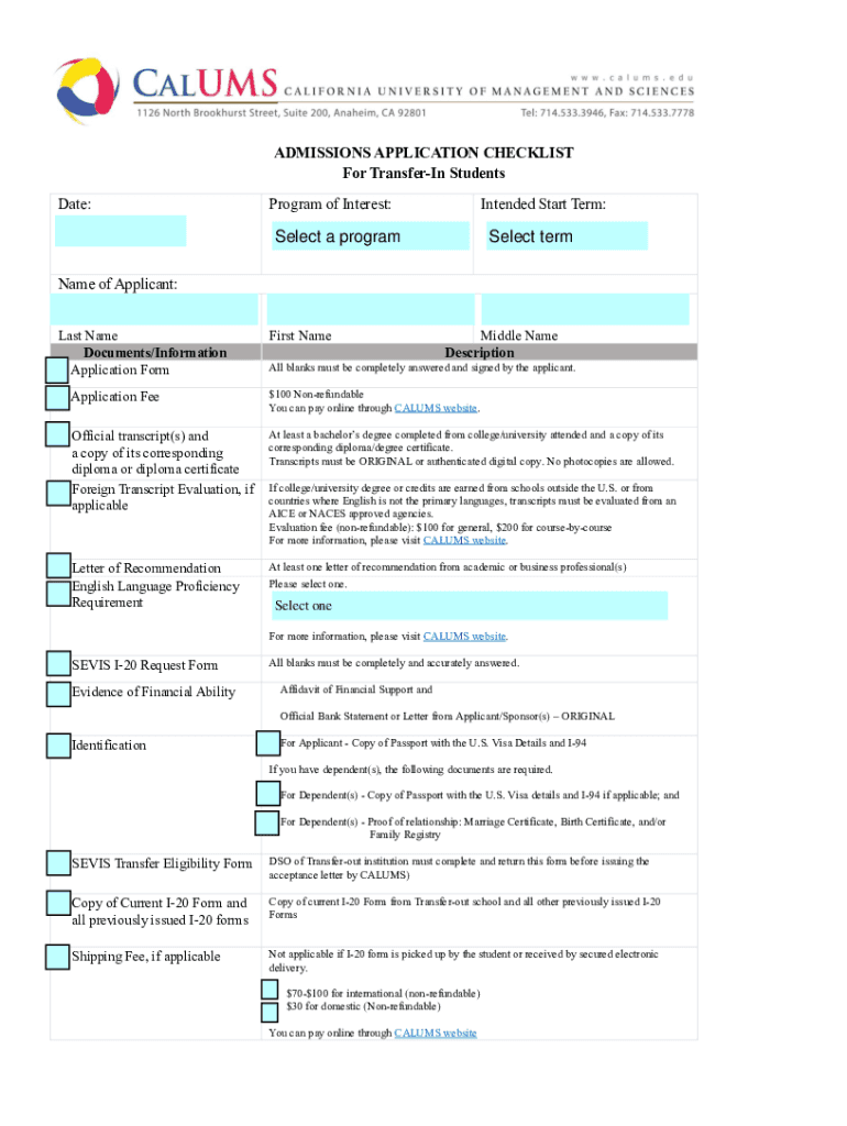 Fillable Online Application Checklist for Transfer Applicants Fax Email ...